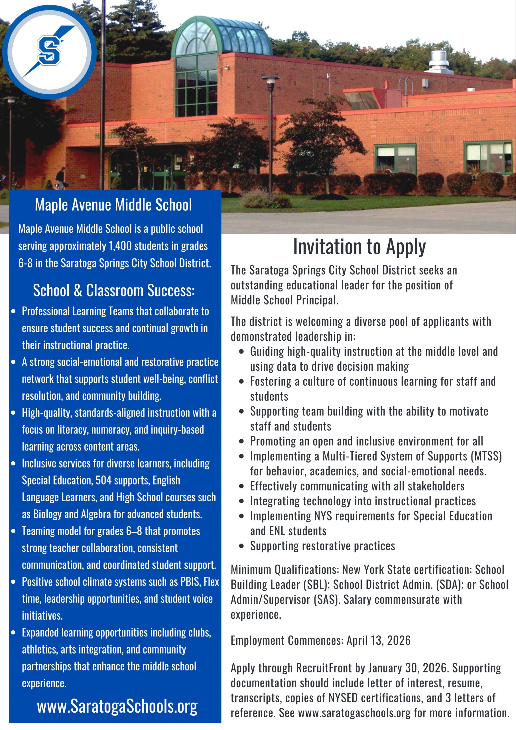 Middle School Principal Leadership Opportunity - Saratoga City School ...
